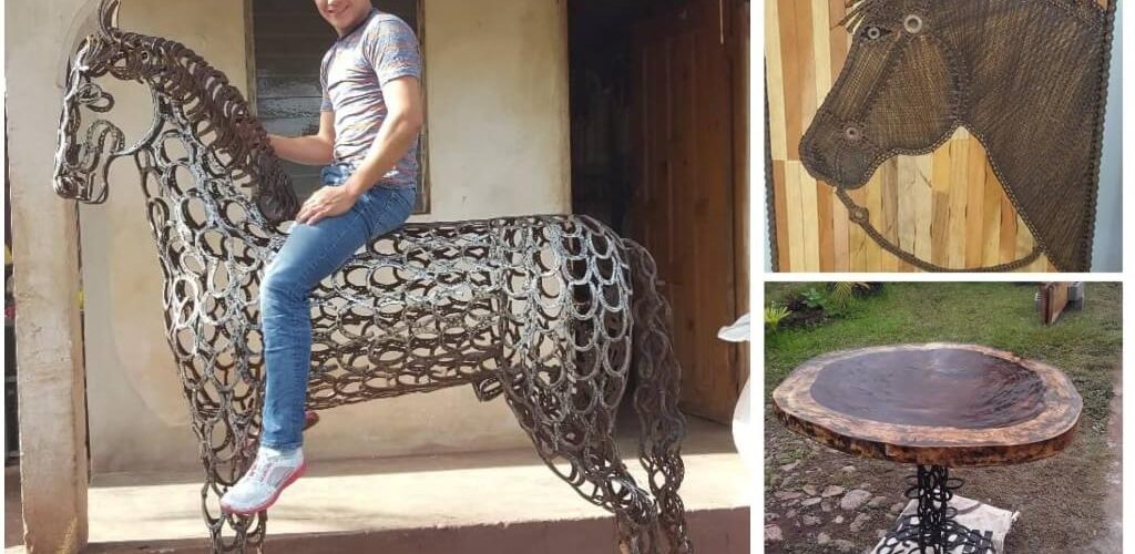 Bayron David Rodríguez y su arte a base de reciclaje con herraduras de